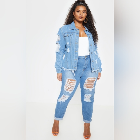 PrettyLittleThing | Jackets & Coats | Plt Light Wash Distress Oversized ...